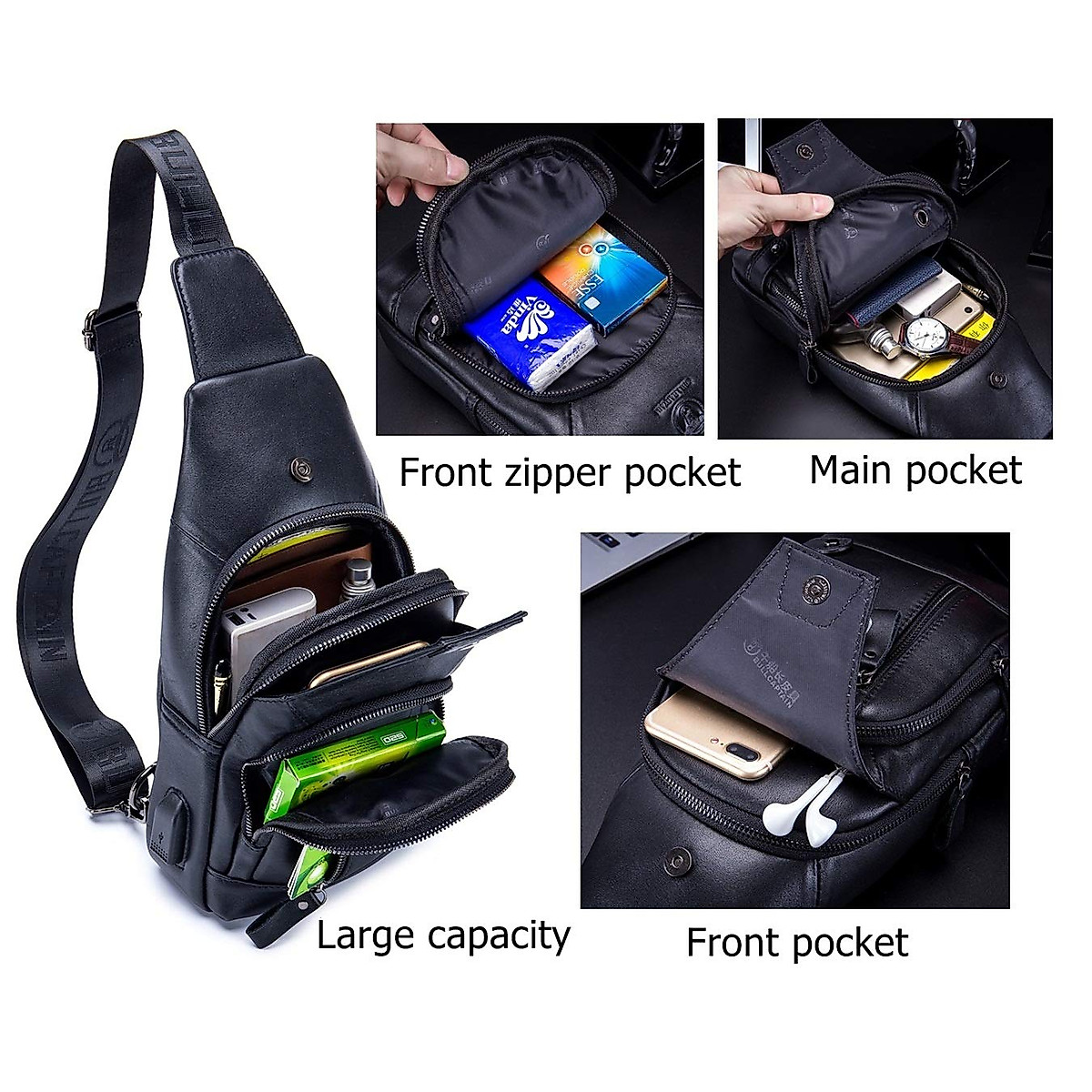 BULLCAPTAIN Men Sling Crossbody Bag with USB Charging Port Genuine Leather Shoulder Chest Bag Travel Hiking Backpack (Black)