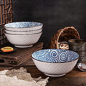AnBnCn 40 OZ Large Ceramic Bowls Set of 4 - Blue and White Porcelain - Ideal for Pho, Ramen, Salad, Soup, Cereal and Fruit - Dishwasher & Microwave Safe(Assorted Patterns)