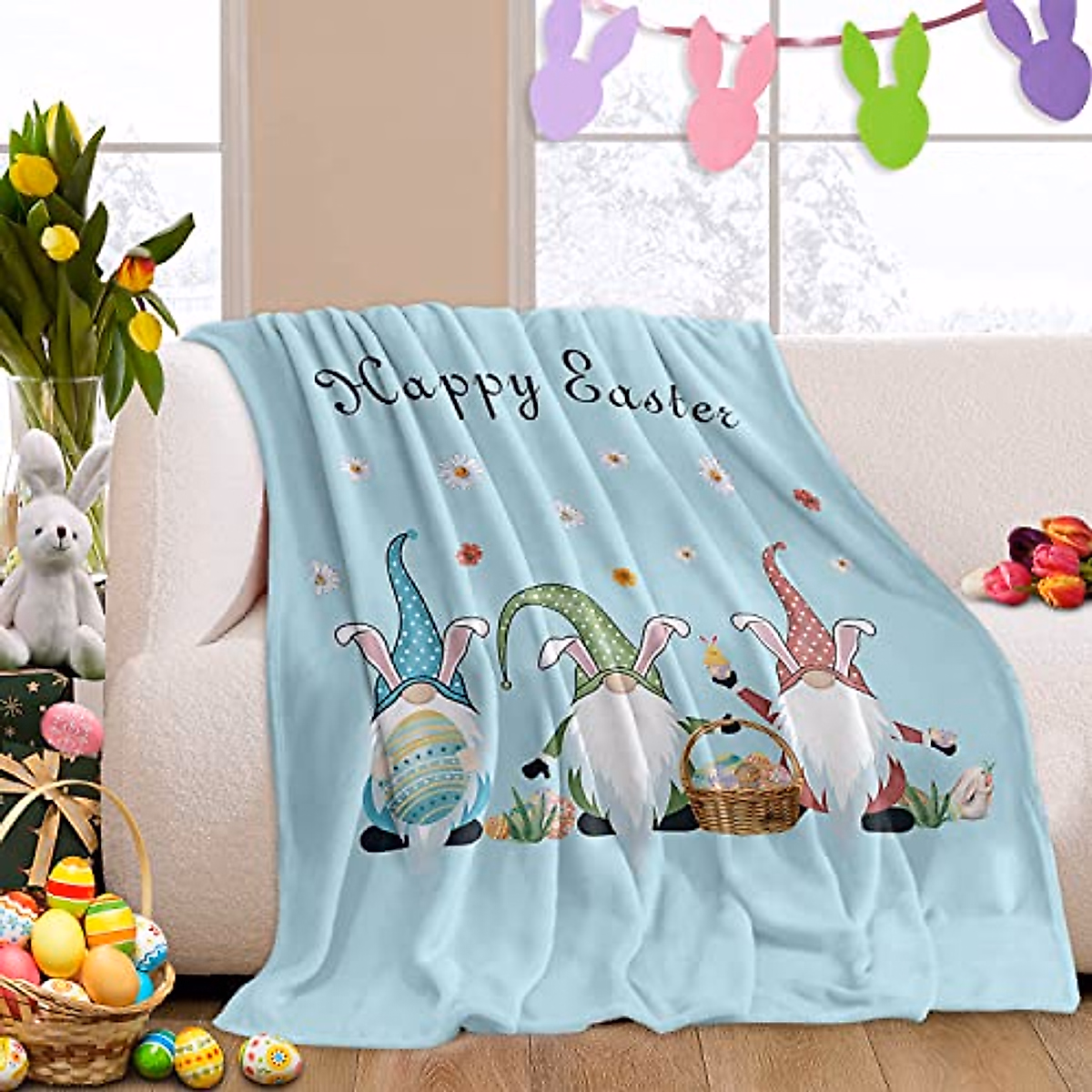 Throw Blankets Happy Easter Gnomes Basket Eggs Fuzzy Soft Bed Cover Bedspread Microfiber Luxury Blanket for Travel Stadium Camping Couch Sofa Chair Blue