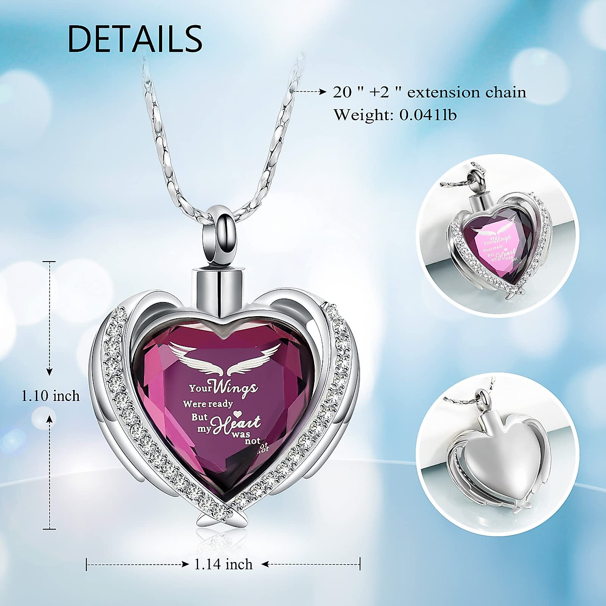 Imrsanl Cremation Jewelry Angel Wing Heart Urn Pendant Necklaces for Women Crystals Birthstone Urns for Human Ashes Memorial Locket Keepsake Ashes Jewelry (Wings-Purple)