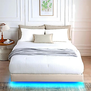 GAZHOME Full Bed Frame with LED Lights, Modern Upholstered Platform Bed Frame no Headboard, Full Size Led Bed,No Box Spring Needed, Easy to Assemble,Antique White