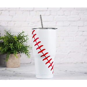 Joyclub 30oz Baseball Tumbler Stainless Steel Double Wall Vacuum Insulated Tumbler Cup Travel Mug with Lid, Straw and Cleaning Brush