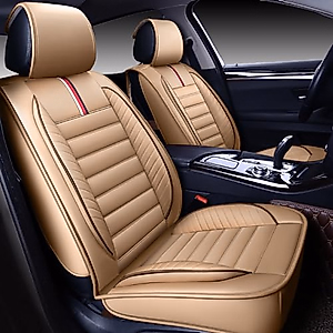 OASIS AUTO Car Seat Covers Premium Waterproof Faux Leather Cushion Universal Accessories Fit SUV Truck Sedan Automotive Vehicle Auto Interior Protector Front Pair (OS-001 Tan)