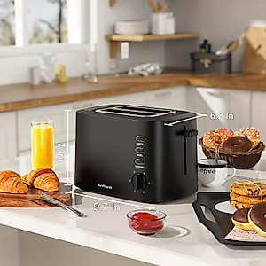 Anfilank Compact 2 Slice Toaster with 1.5" Extra Wide Slots, Built-in Warming Rack & Removable Crumb Tray - 6 Browning Options, with Defrost, Bagel, and Cancel Function - Matte Black