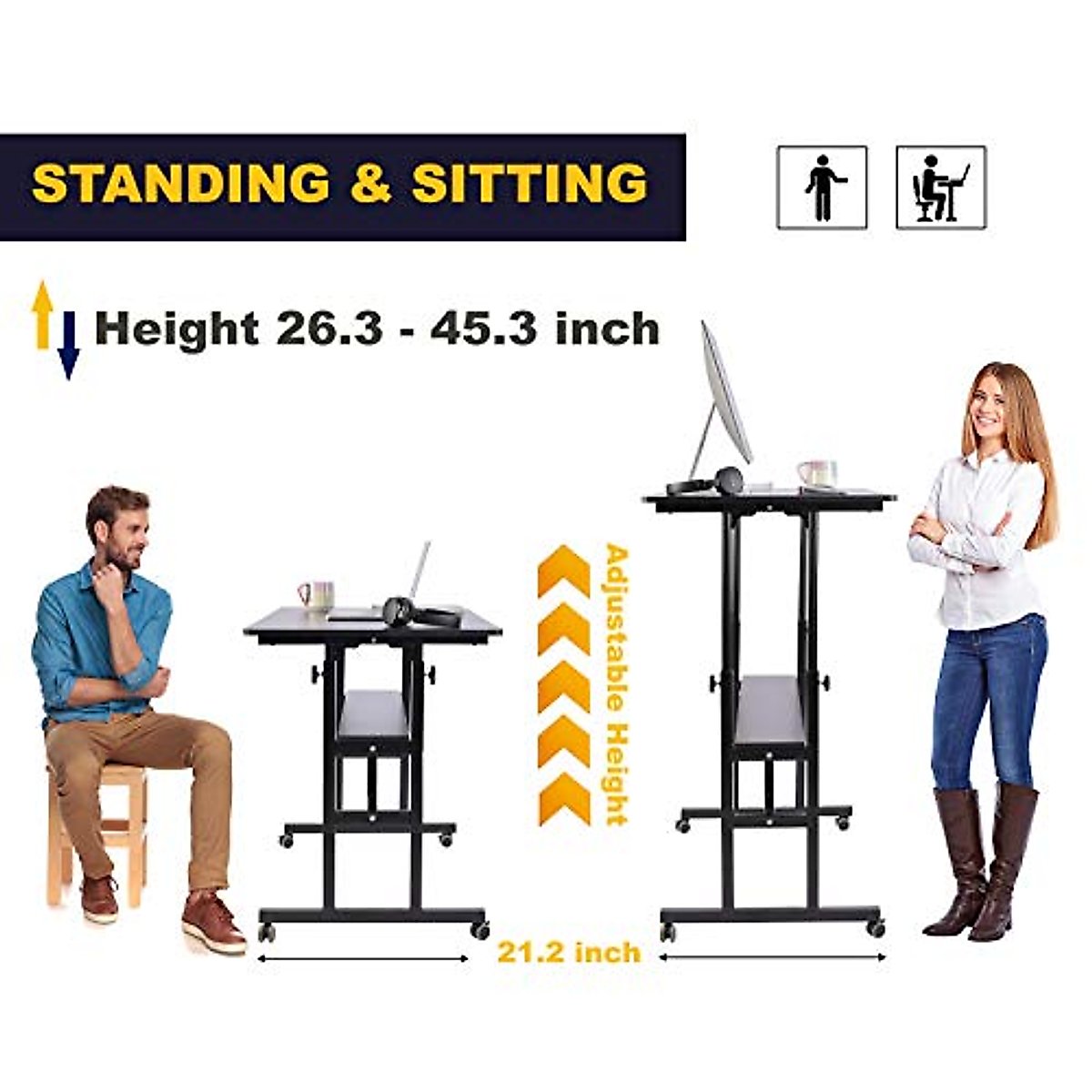 AIZ Mobile Standing Desk, Adjustable Computer Desk Rolling Laptop Cart on Wheels Home Office Computer Workstation, Portable Laptop Stand Tall Table for Standing or Sitting, Black, 39.4" x 23.6"