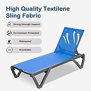 Domi Patio Chaise Lounge Set of 3,Pool Lounge Chairs Outdoor Aluminum Sling Sunbathing Tanning Chairs Outside Five-Position Recliner (2 Blue Lounges W/Side Table)