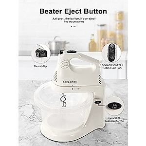 2 in 1 Hand Mixers Kitchen Electric Stand mixer with bowl 3 Quart, electric mixer handheld for Everyday Use, Dough Hooks & Mixer Beaters for Frosting, Meringues & More