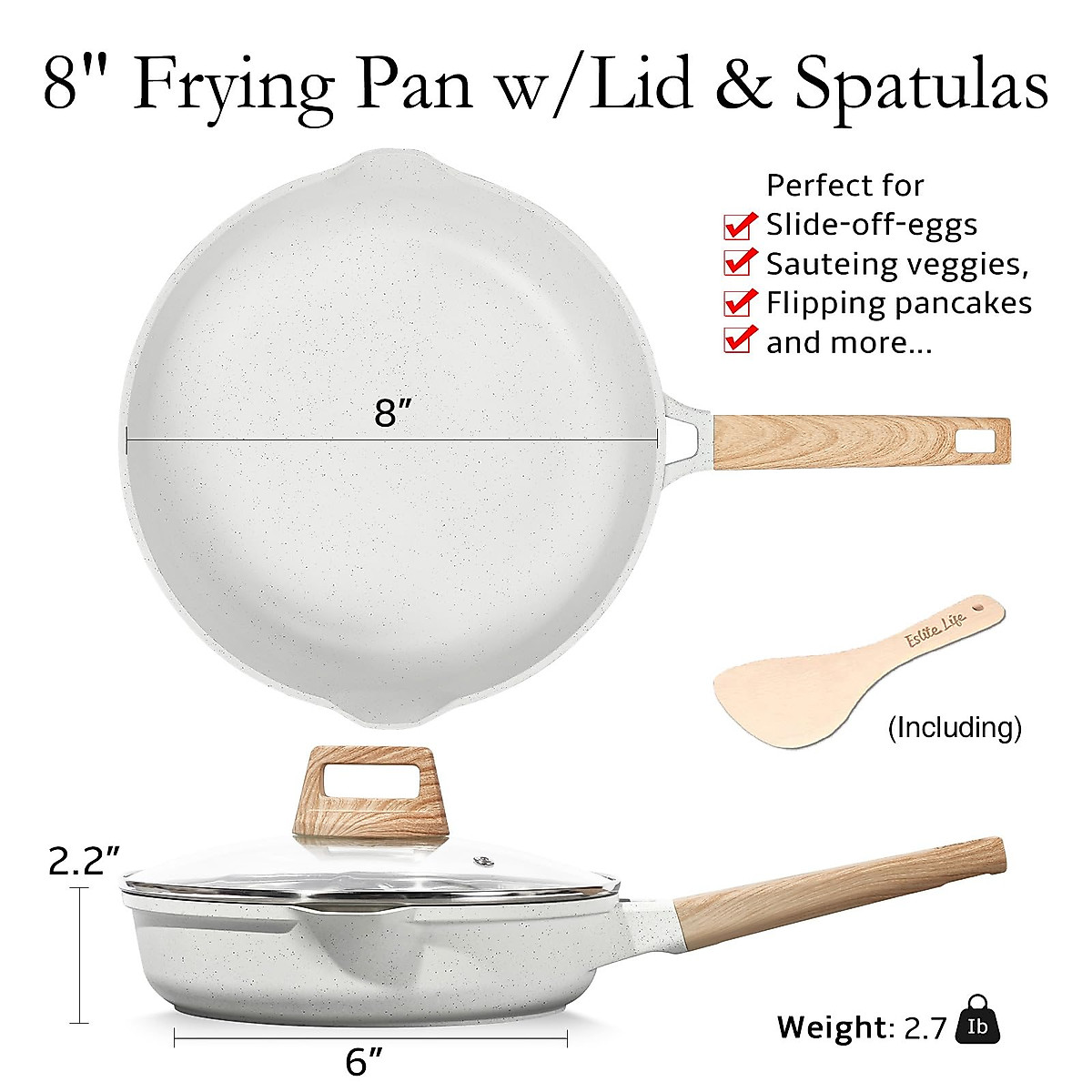 ESLITE LIFE Nonstick Frying Pan Skillet with Lid, Healthy Granite Coating Egg Omelette Pan Stone Cookware Chef's Pan, PFOA Free(Cream, 8" w/Lid & Spatulas)