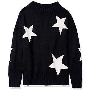Cable Stitch Women's Intarsia Sweater – Star, Lightning Bolt, Heart Graphics Long Sleeve Crewneck Pullover Top (Black/White Star, Medium)