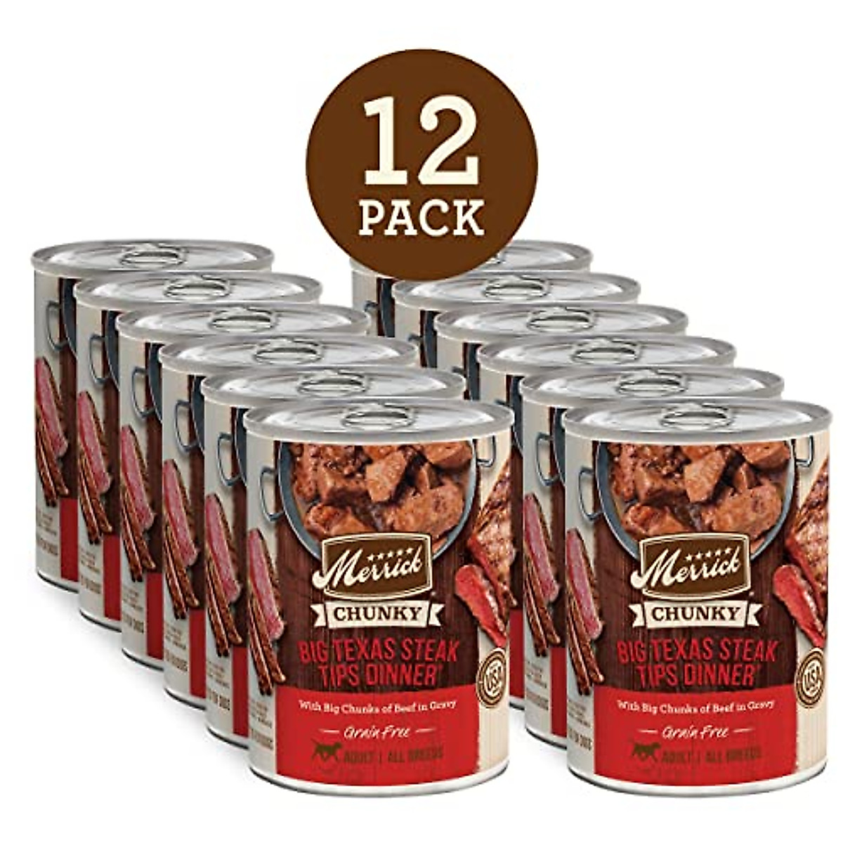 Merrick Chunky Grain Free Wet Dog Food, Big Texas Steak Tips Dinner Canned Dog Food - (12) 12.7 oz. Cans