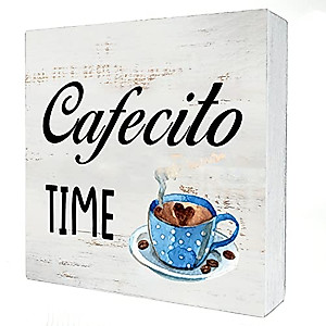 Cafecito Time Wood Box Sign Home Decor Rustic Kitchen Coffee Quote Wooden Box Sign Block Plaque for Wall Tabletop Desk Home Kitchen Decoration 5" x 5"