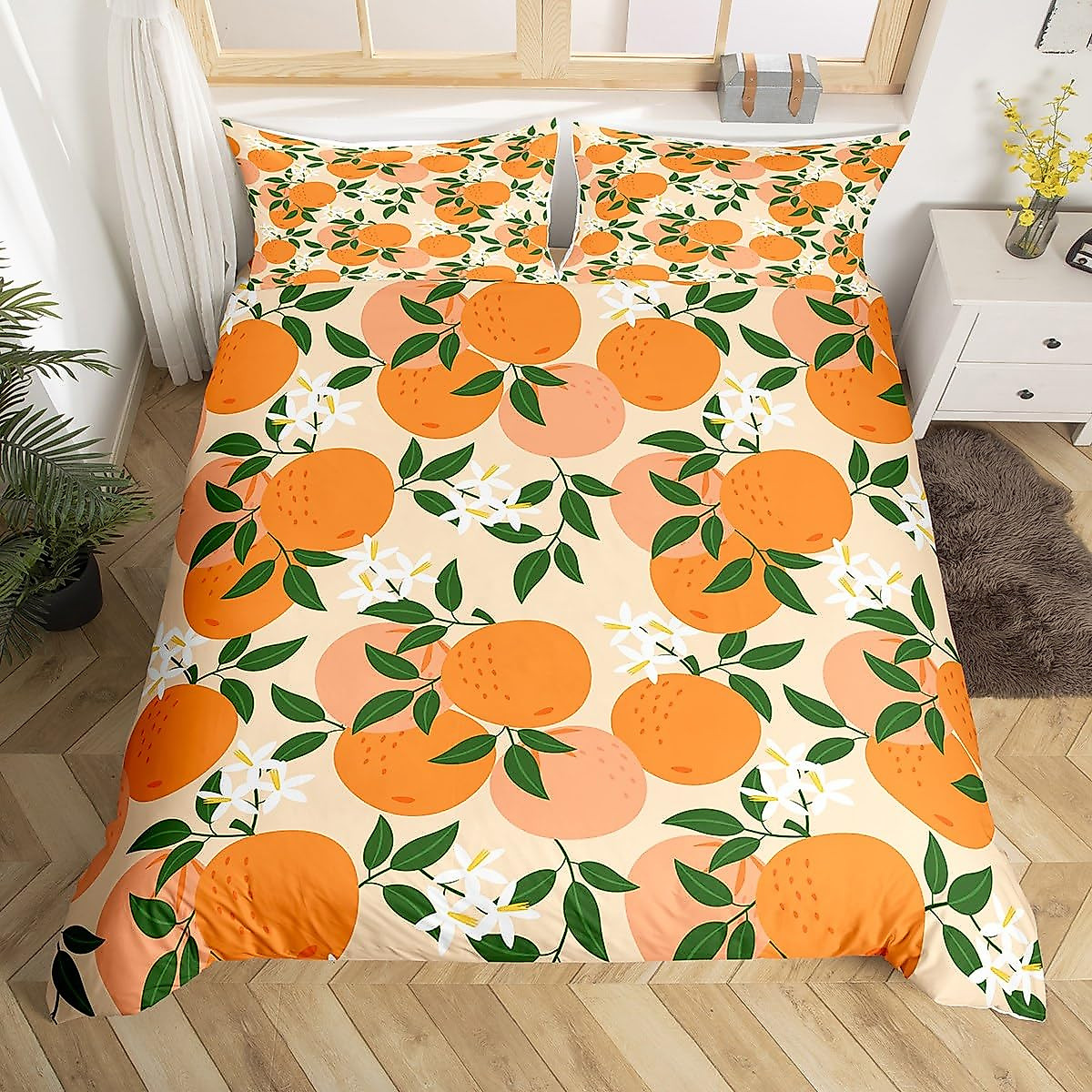 Feelyou Cartoon Orange Duvet Cover Set Fresh Oranges Bedding Set for Kids Boys Girls Cartoon Citrus Fruit Comforter Cover Fruit Style Quilt Cover Bedroom Collection 3Pcs Queen Size