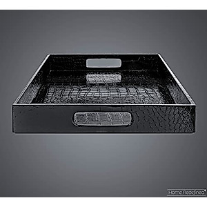 Home Redefined 18”x12” Rectangle Alligator Faux Leather Decorative Serving Tray with Handles, Black