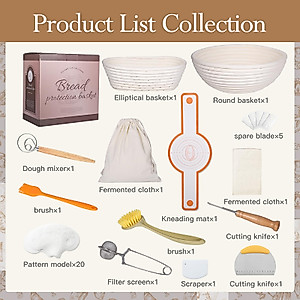 Watcor Sourdough Bread Baking Supplies Set,10 Inch Oval & 9 Inch Round Banneton Bread Proofing Baskets with Linen Liner, Silicone Bread Sling, Danish Dough Whisk, Dough Scraper Kit, Silicone Brush