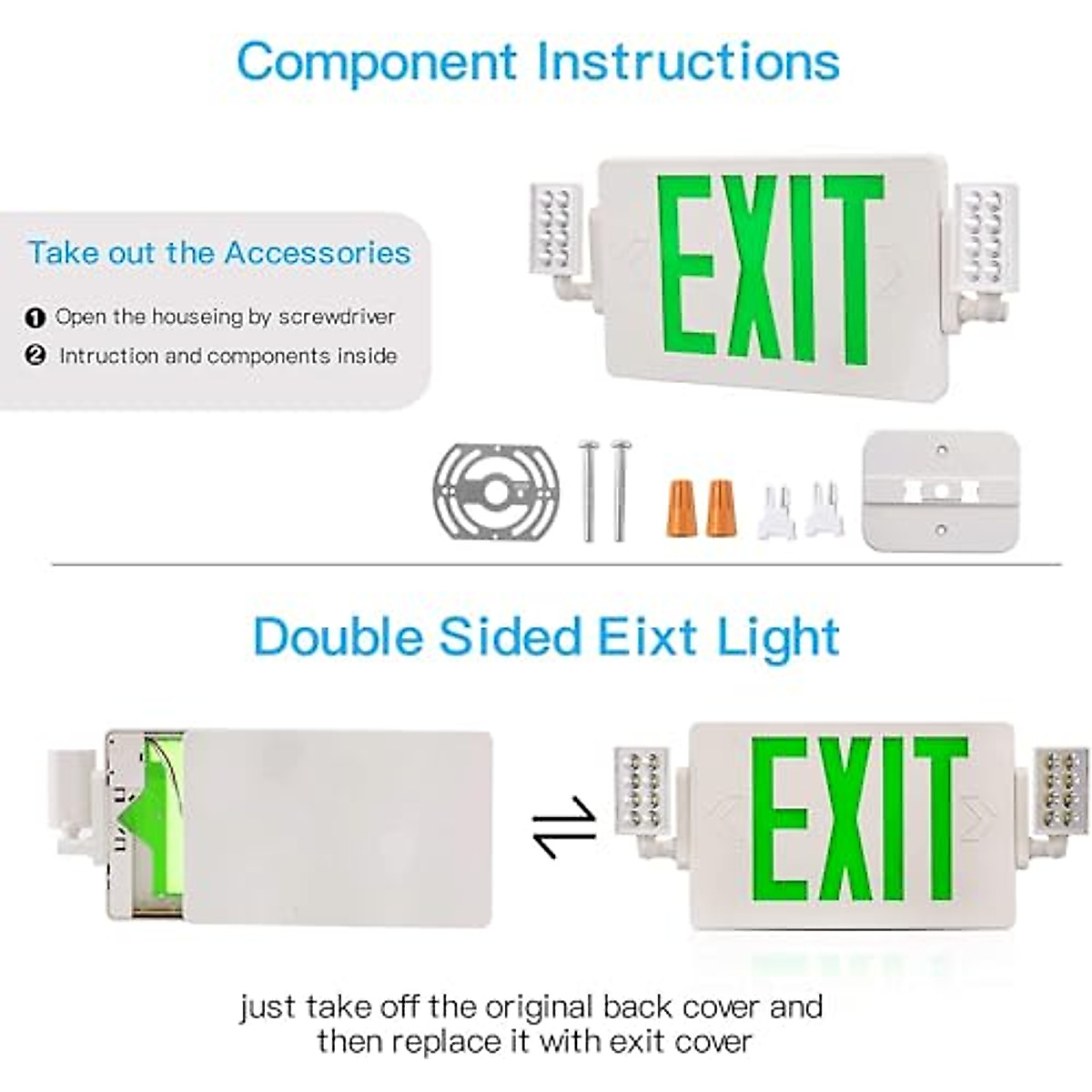 Spectsun 1 Pack Exit Signs with Emergency Lights,120-277VAC -LED Combo Emergency Light with Backup Battery-Double Face UL Listed Green Letter Exit Sign Lighting-Hard Wired-Fire Resistant
