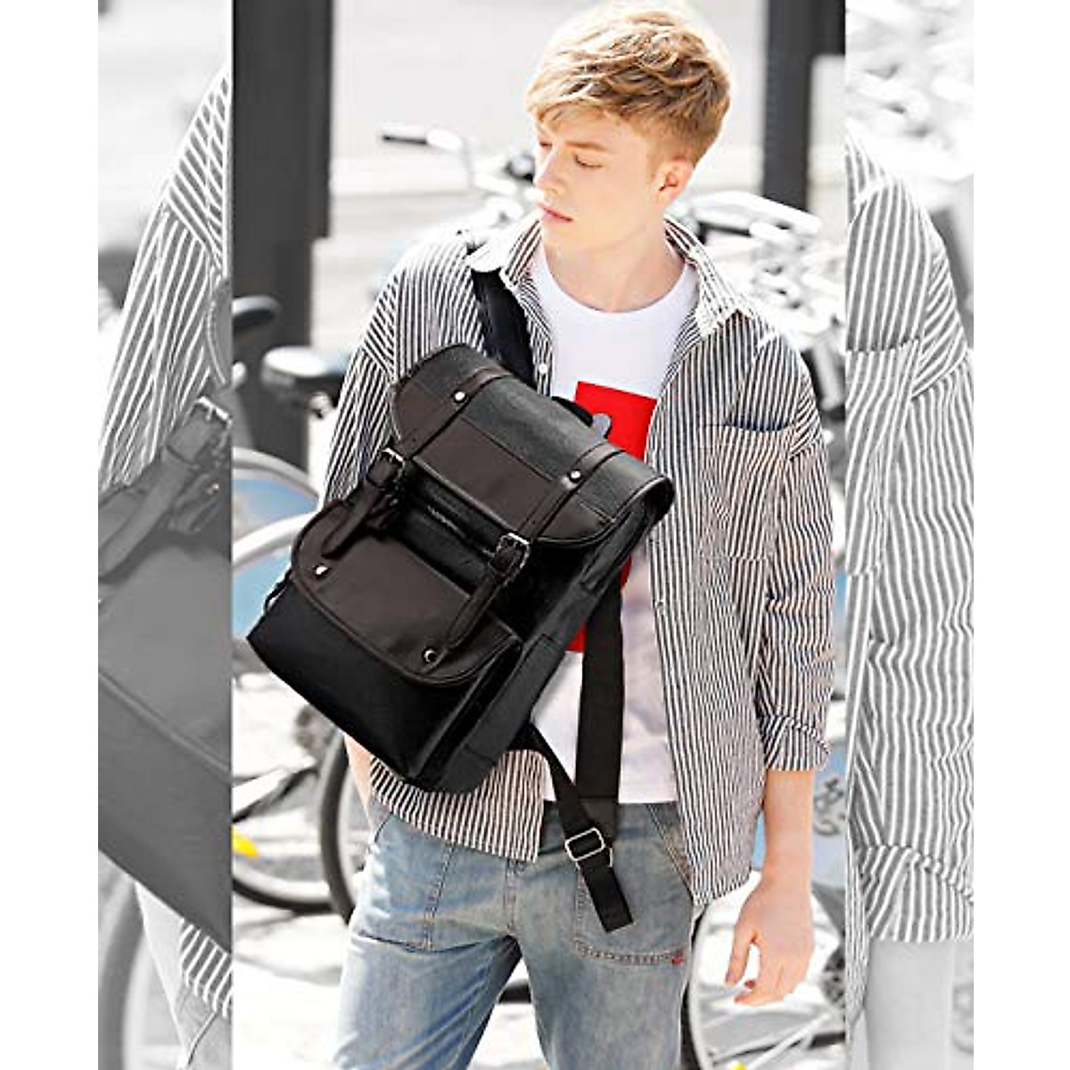 FANDARE Unisex Backpack Waterproof PU Daypack for 14 inch Laptop Lightweight College Bag Women Men Field Pack Knapsack Outdoor Travel Camping Hiking Rucksack Infantry Pack Black