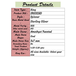 Amethyst Silver Spinner Ring 925 Solid Sterling Silver Band Meditation Ring By Goyal Exports SRG328D (US-5)