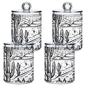 WELLDAY Apothecary Jars Bathroom Storage Organizer with Lid - 14 oz Qtip Holder Storage Canister, Western Desert Landscape Clear Plastic Jar for Cotton Swab, Cotton Ball, Floss Picks, Makeup Sponges,H