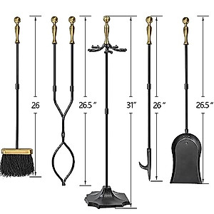 Amagabeli 5 Pieces Fireplace Tools Sets Brass Handles Wrought Iron Set and Holder Indoor Outdoor Fireset Fire Pit Stand Rustic Tongs Shovel Brush Chimney Poker Wood Stove Hearth Accessories Kit Large
