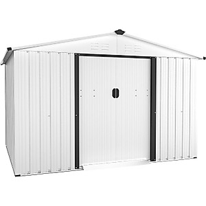 Crownland Outdoor Vented Backyard Garden Storage Shed 6 x 8 Feet Tool House with Sliding Door Outdoor Lawn Steel Roof Sheds (White), 6x8FT