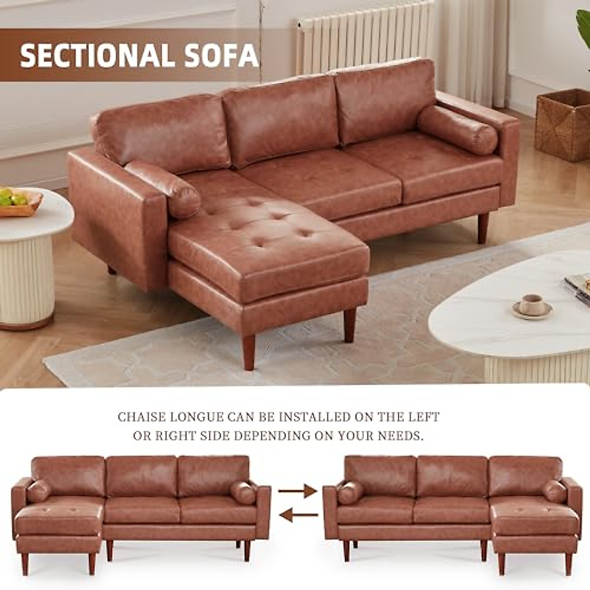 Tbfit 80" W Sectional Sofa Couch, L Shaped Couch with Reversible Chaise, Mid Century Modern Couches for Living Room Apartment Small Space, Convertible Sofa with Tufted Seat Cushion, Brown