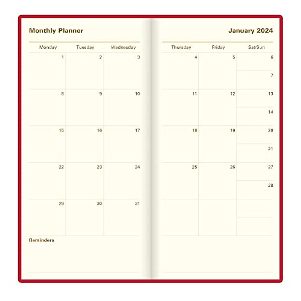 Letts of London Signature Weekly/Monthly Planner, 12 Months, January to December, 2024, Bonded Leather, Slim Size, 6.625" x 3.25", Burgundy (C38SUBY-24)