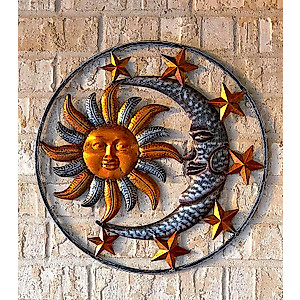 Large Metal Sun Moon Star Wall Art Sculpture Decor for Indoor Outdoor (17" Diameter)