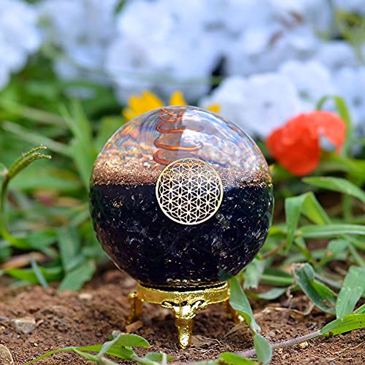 Orgonite Crystal Black Tourmaline Crystal Ball with Stand for Energy Purification and E-Energy Protection – Channels Positive Vibrations for Healing Connection between Body, Mind and Spirit