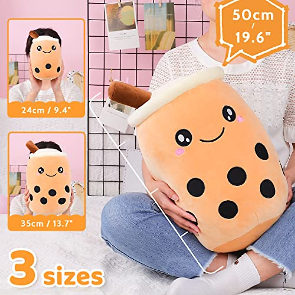 AIXINI 19.6 inch Boba Plush Stuffed Bubble Tea Plushie Cartoon Milk Tea Cup Pillow Big, Soft Kawaii Pillow