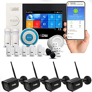【OSI Wireless WiFi Smart Home Security DIY Alarm SYSTEM-14 Piece + 4X OSI Smart Security Bullet Camera Outdoor 1080P HD, WiFi Cameras】