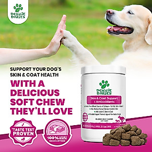 Doggie Dailies Skin & Coat Supplement + Antioxidant Support, 225 Soft Chews, Salmon Oil for Dogs Skin and Coat with Collagen, Omega 3, Krill Oil, Biotin, & Coconut Oil for Dogs