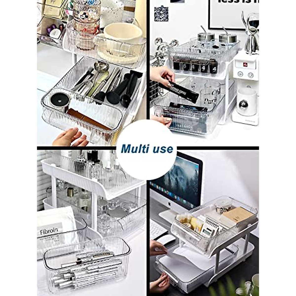 2 Tiers Under Sink Organizers And Storage, Plastic Storage Basket Drawers With Handle, White Multi-Purpose Pull Out Cabinet Organizer Shelf, Counter Organizing Tray For Kitchen, Office, Bathroom