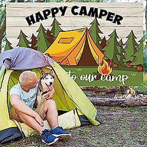 Roetyce Camping Themed Party Decorations Happy Camper Banner Backdrop 5.9 x 3.6 Ft, Outdoor/Indoor Family Camp Gatherings Decor Forest Campfire Photo Background Camping Birthday Party Supplies