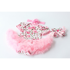 Baby Girls 3 Piece Sets Romper Dress Shoes and Headband Rose Flower Outfits Clothes Pink S:3-6Months