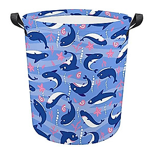 Cute Sharks Large Laundry Basket Hamper Bag Washing with Handles for College Dorm Portable