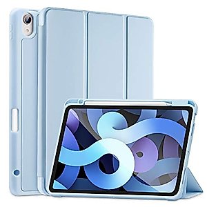 SIWENGDE for iPad Air 5th/4th Generation 2022/2020 10.9 Inch Case with Pencil Holder [Support iPad 2nd Pencil Charging and Touch ID], Trifold Stand Smart Cover with Soft TPU Back(Light Blue)