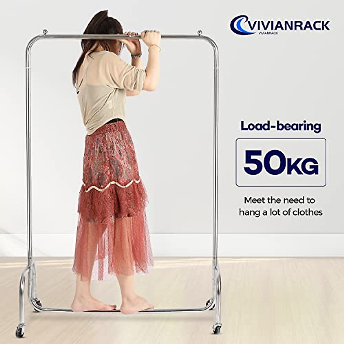 Vivianrack Clothes Garment Rack Heavy Duty Maximum Capacity 300 lb for Hanging Clothes Rack, Metal Clothing Garment Rack on Wheels with Brakes