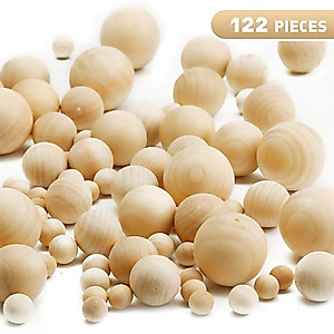 122 Pieces Round Wood Balls Unfinished Wooden Balls Natural Craft Balls for DIY Craft Projects Jewelry Making Arts Design, 5 Sizes