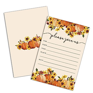 REWIDPARTY Thanksgiving Party Invitation Cards with Envelopes（Set of 15） Food Feast Invites for Family Friends Fall Invitations with Pumpkin and Florals Birthday Bridal Party Fill-in Invitation cards
