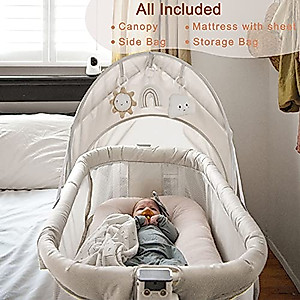 Baby Bassinet Bedside Sleeper, Baby Bed Co-Sleeper with Wheels Storage Basket, Portable Bedside Crib All Mesh, Bedside Bassinet for Baby, Infant Newborn Girl Boy, Adjustable Canopy with Toys