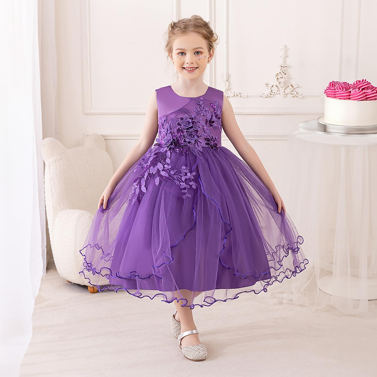 LENEFU Baby Girl Princess Bridesmaid Pageant Gown Birthday Party Wedding Dress Sleeveless Party Dresses Girl Clothes (Purple 140)