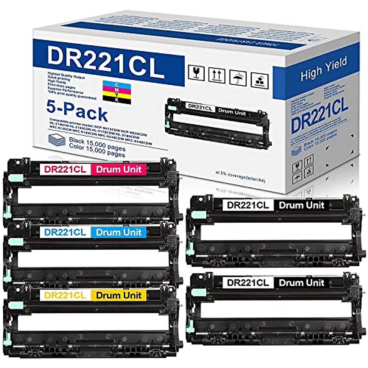 5-Pack(2BK+1C+1M+1Y) Compatible Brother DR221CL Drum Unit Sets Replacement for Brother DR221 DR-221CL DR221CL Drum Sets Unit Fits for HL-3140CW HL-3170CDW HL-3180CDW Printer (Not Including Toner)