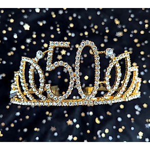Dgasin 50th Birthday Tiara and Sash Happy 50th Birthday Party Supplies 50 Fabulous Black Glitter Satin Sash and Crystal Tiara Princess Birthday Crown for Women 50th Birthday Party Decorations