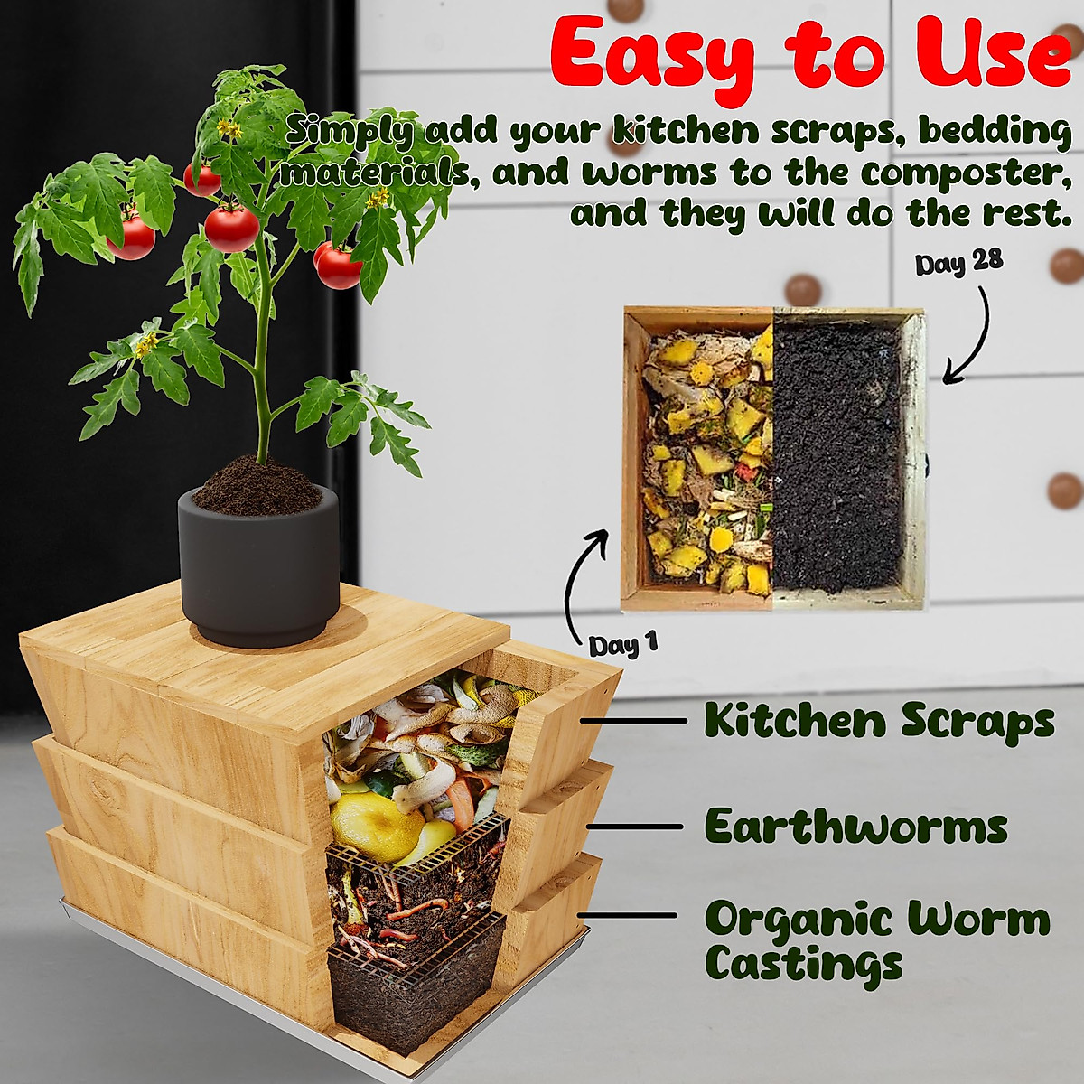WWJD Worms The Box of Life Worm Wood Composter - Odorless Indoor Vermicomposting Bin - Worm Bins for Composting - Ideal Addition to Worm Composting Kit - Cedar Worm House (Planter Top)