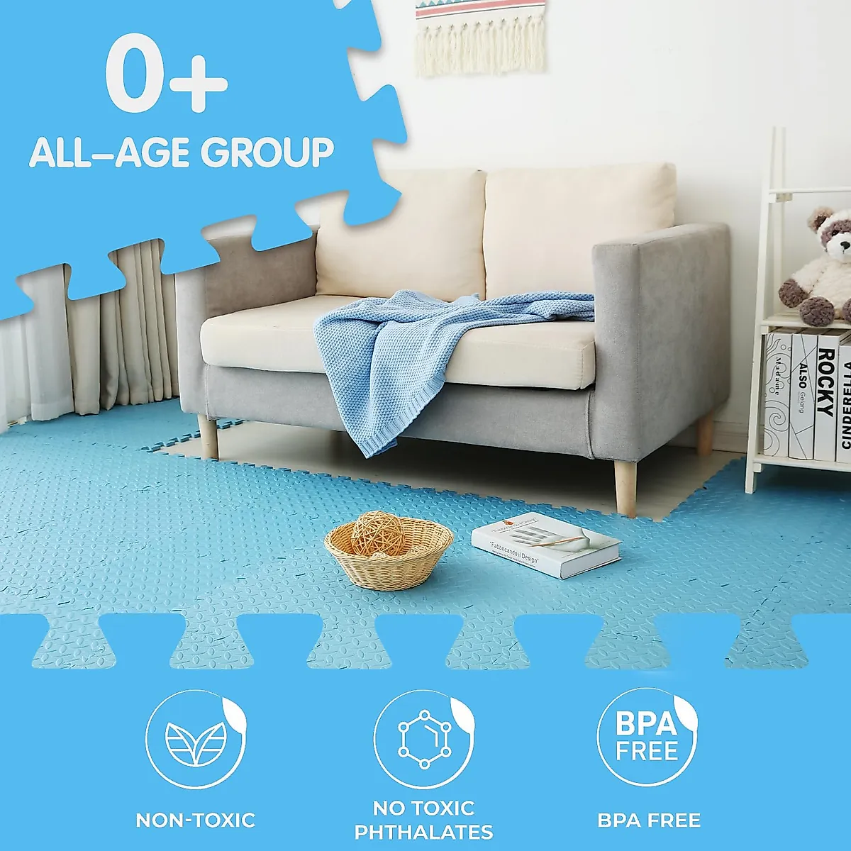 Coolcandy EVA Foam Play Mat, 16 Tiles Colorful Baby Play Mat, Square Kids Playmat with Solid Colored, 0.4" Thickened Interlocking Foam Floor Tiles, Puzzle Play Mat For Baby Lying, Playing (Light Blue)