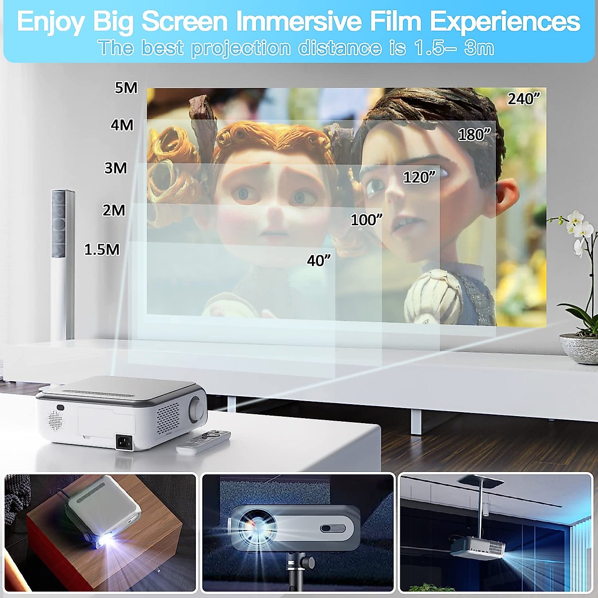 Projector 4K with WiFi and Bluetooth, 5G 1080P Outdoor Movie Projectors, 9500L/700ANSI Portable Smart Mini Projector with 100" Proyector Screen & Tripod, Compatible with iOS/Android/Win/TV Stick