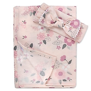 Wendy Bellissimo Super Soft Swaddle Receiving Blanket (35x40) with Hat or Headband for Baby Boy or Baby Girl (Pink Floral)