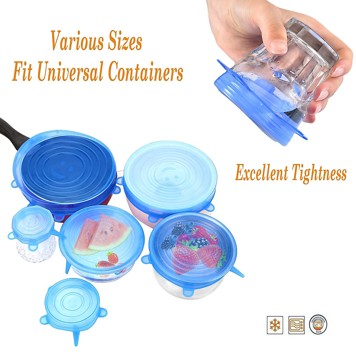 Silicone Stretch Lids Upgraded 6 Pack Various Sizes Rubber Stretchy Miracle Lid Reusable Elastic Bowl Cover for Food Storage Leftover Savers Fit Container Dish Cup (6, Blue)