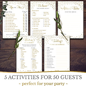 Bridal Shower Games - 5 Activities for 50 Guests - Double Sided Games - Gold Polka Dots