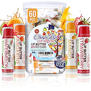 CHAP-LIP Lip Balm Lip Butter with Fruit Flavors, Cocoa Butter, Coconut Oil Moisturizing Vitamin E & Total Hydration Treatment & Soothing Lip Therapy 60 Ct. Made in USA